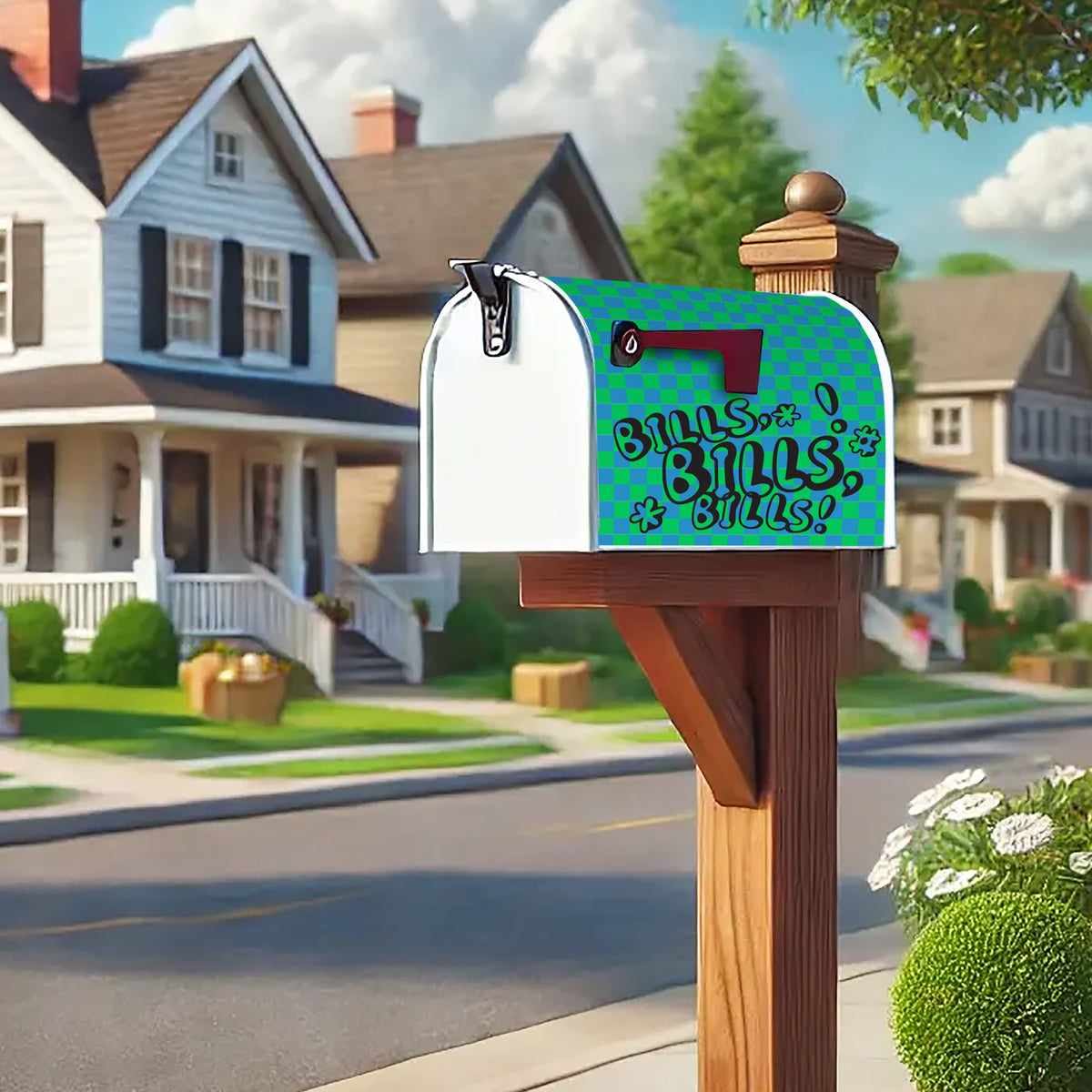 Bills, Bills, Bills Checkered Mailbox Cover – Happy Cow Lawn Decor