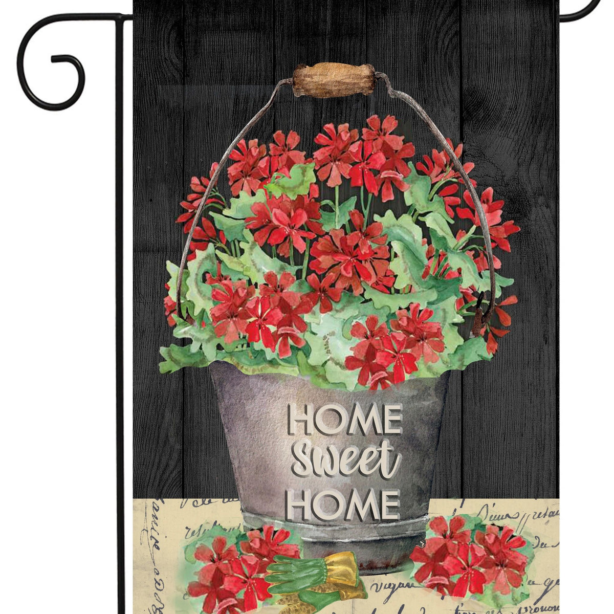 Red Geraniums in Old Bucket Garden Flag #G2432 – Happy Cow Lawn Decor